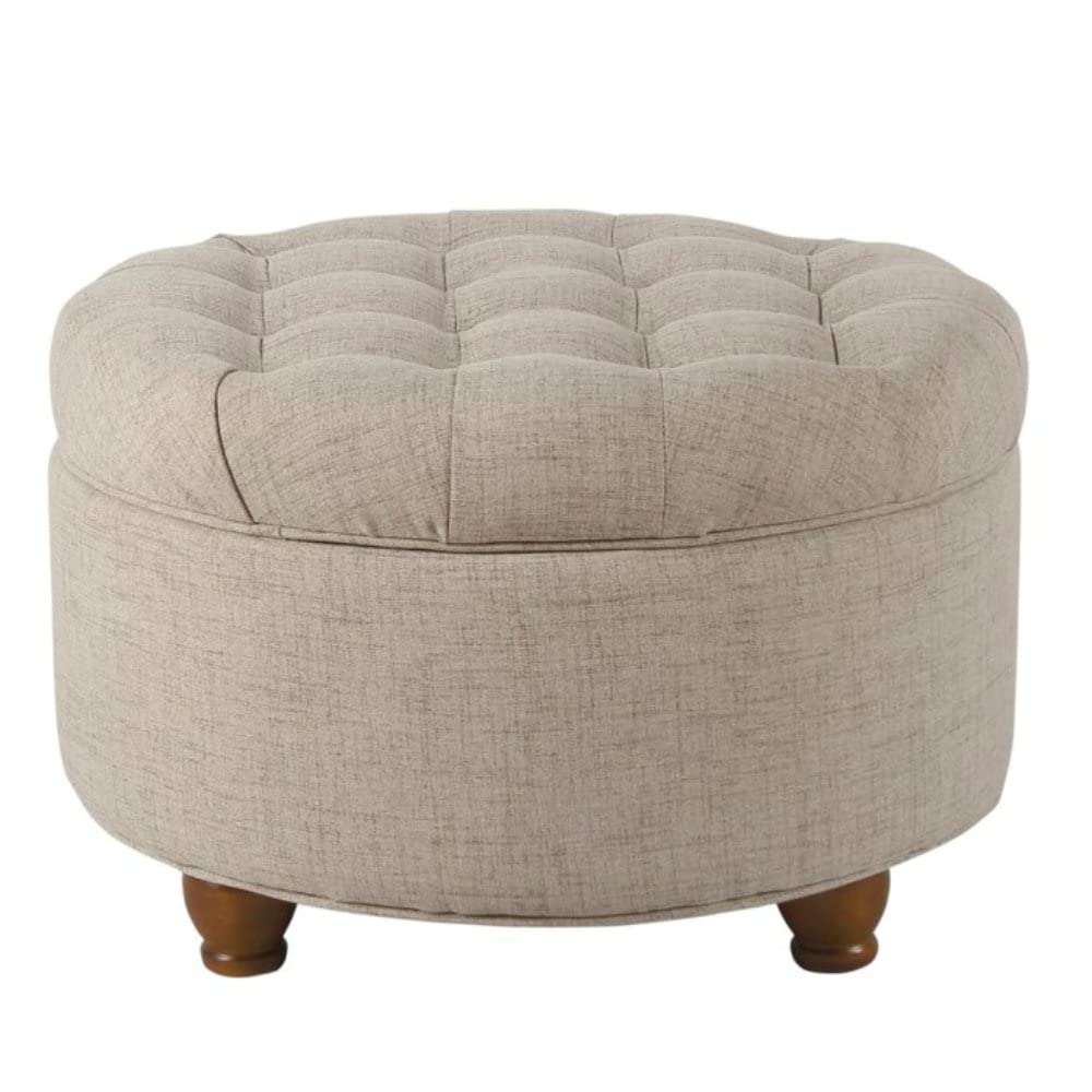 Stylish Accent 25'' Wide Round Tufted Ottoman Storage,Extra Padded Foam Seating|Relaxing Footrest Bedroom Coffee Table Stool,Decor|Lift-Off Lid Dark Walnut Bun Feet,Button Tufted, Light Tan Color