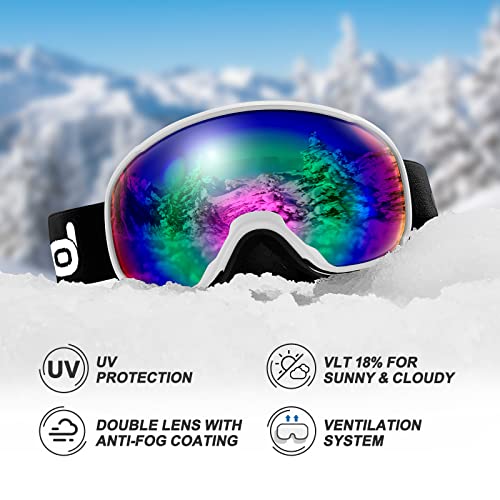 Odoland Ski Helmet and Goggles Set, Snowboard Helmet Glasses for Men, Women & Youth - Shockproof/Windproof Gear for Skiing, Snowboarding-White,L