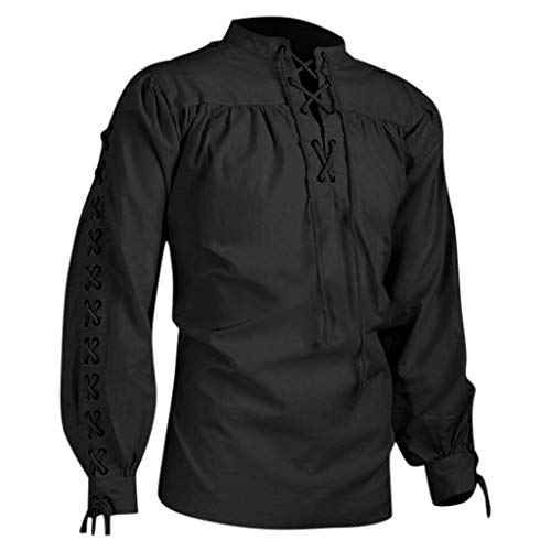 Mens' Medieval Shirt Gothic Elastic Band Adjustable Round Neck & Long Sleeves Man Blouse Black