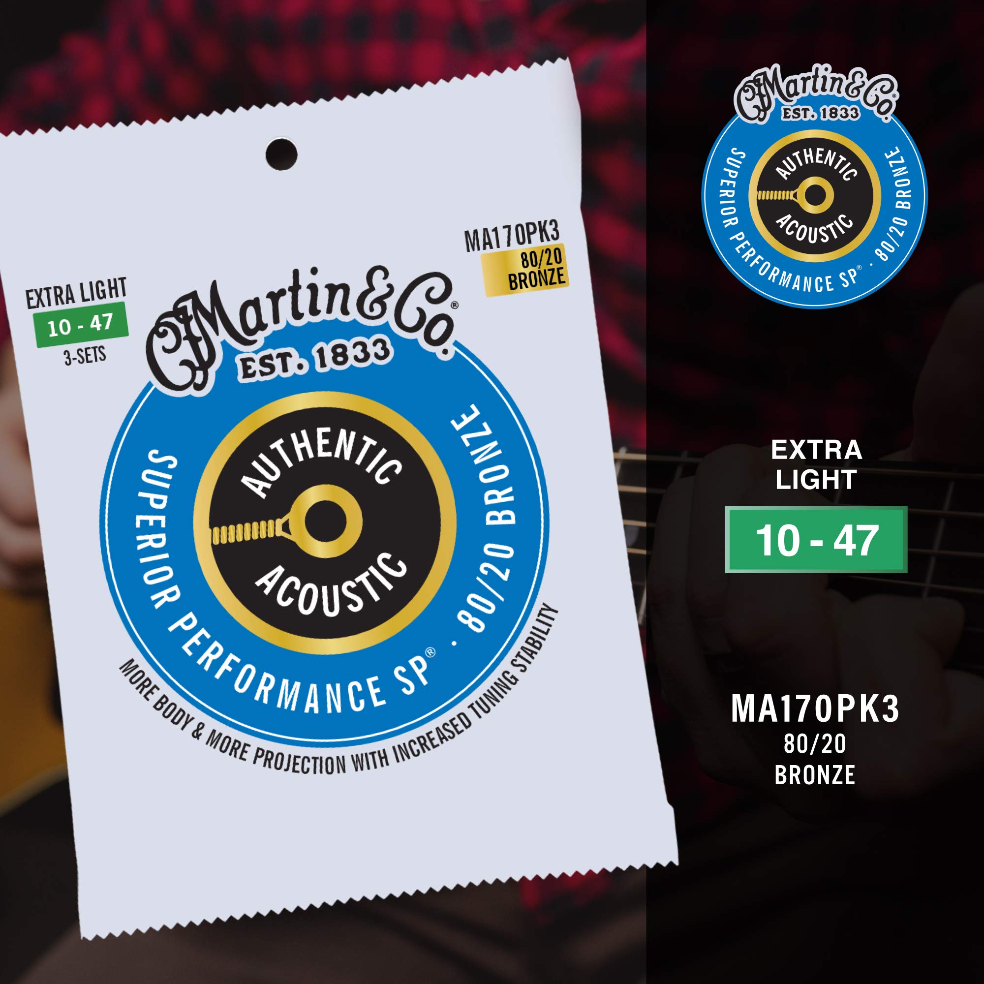 Martin Authentic Acoustic Guitar Strings, Superior Performance Extra Light 10-47 80/20 Bronze, 3 Pack