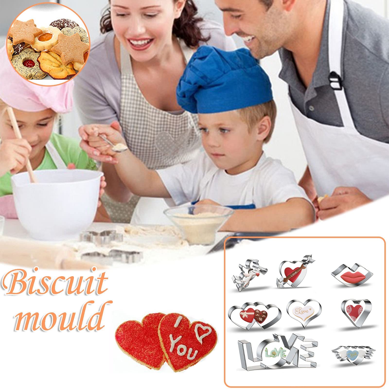 Valentine's Day Heart Cookie Cutter Set, 8 Piece Stainless Heart Shaped Cookie Cutter Biscuit Molds Cookie Cutters for Baking Heart, Lips, Heart with Arrow, Double Heart, Love, Cupid, Heart wings