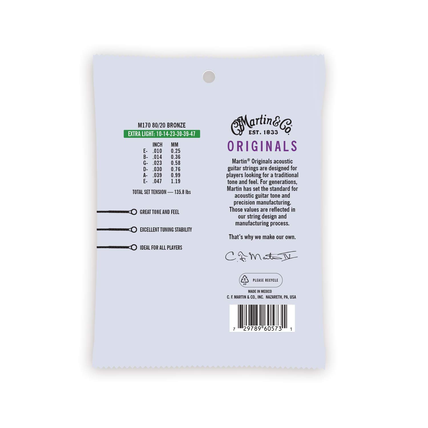 Martin Guitar Original Acoustic M170, 80/20 Bronze, Extra Light-Gauge Guitar Strings