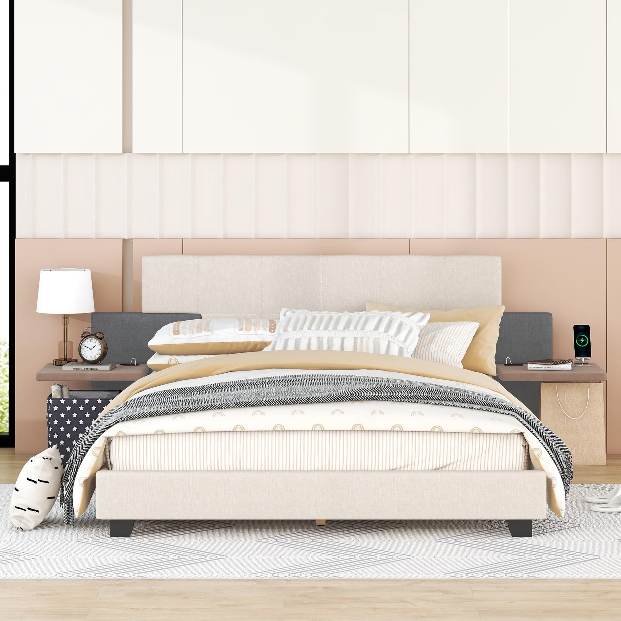 MegaChunk Queen Size Upholstered Platform Bed with Bedside Shelves and USB Charging Design, Beige+Gray