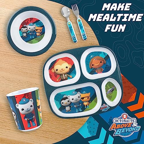 Octonauts 5 Pcs Mealtime Divided Plate Feeding Set for Kids & Toddlers-Explorer- Includes Multi-Compartment Plate, Bowl, Cup, Fork & Spoon Utensils-Durable, Dishwasher Safe, BPA Free