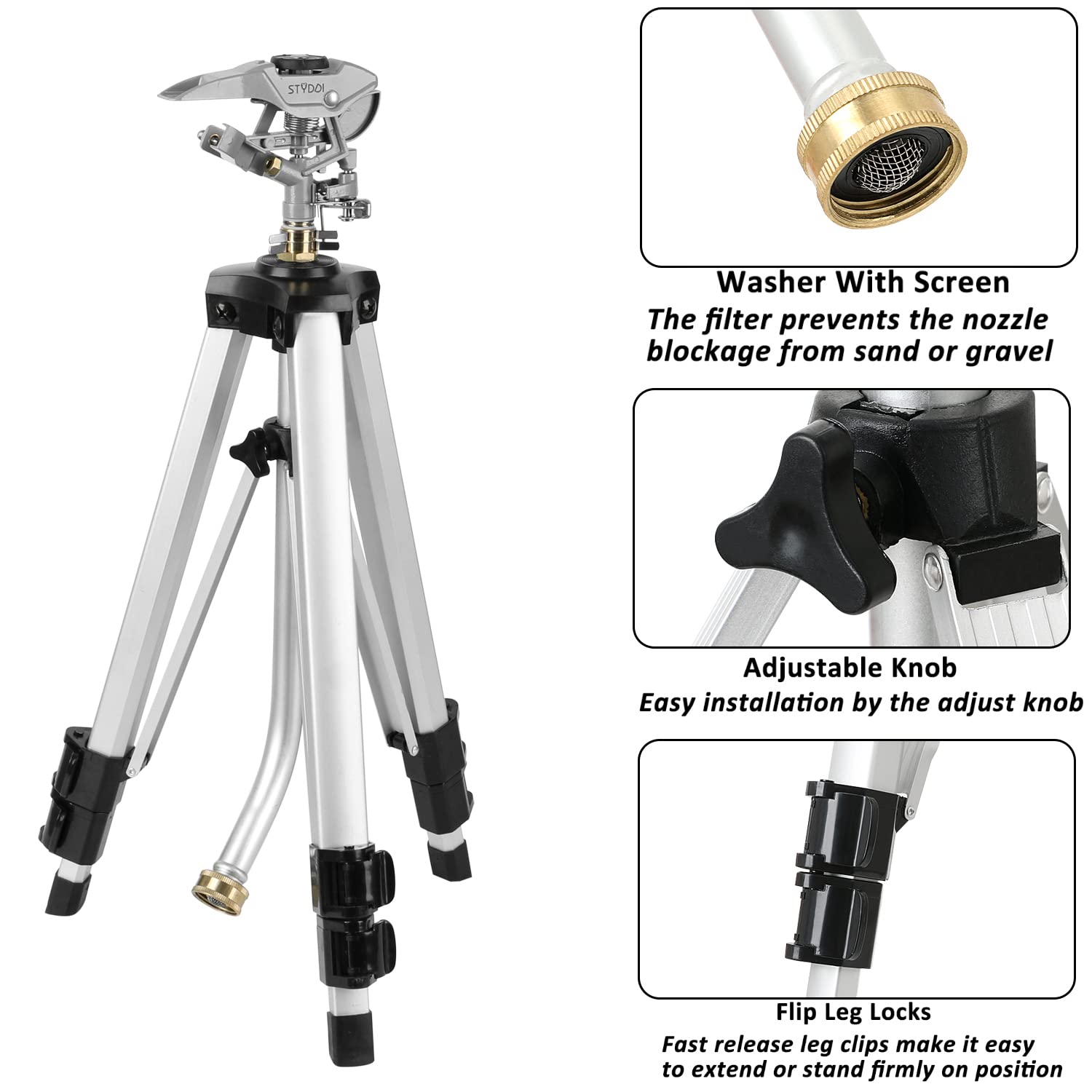 STYDDI Heavy Duty Impact Sprinkler on Tripod Base, Tall Metal Pulsating Telescoping Tripod Sprinkler for Large Area, Yard, Lawn, Garden, Waters up to 70 Ft. Diameter, Legs Extends Up to 36-inch
