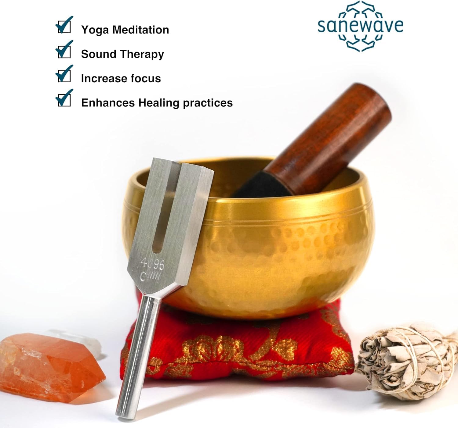 SANEWAVE Tibetan Singing Bowl Set and Tuning fork - Meditation Bowl - 4096 Diapason Sound Bowl - Cuenco Tibetanos for Healing and Mindfulness