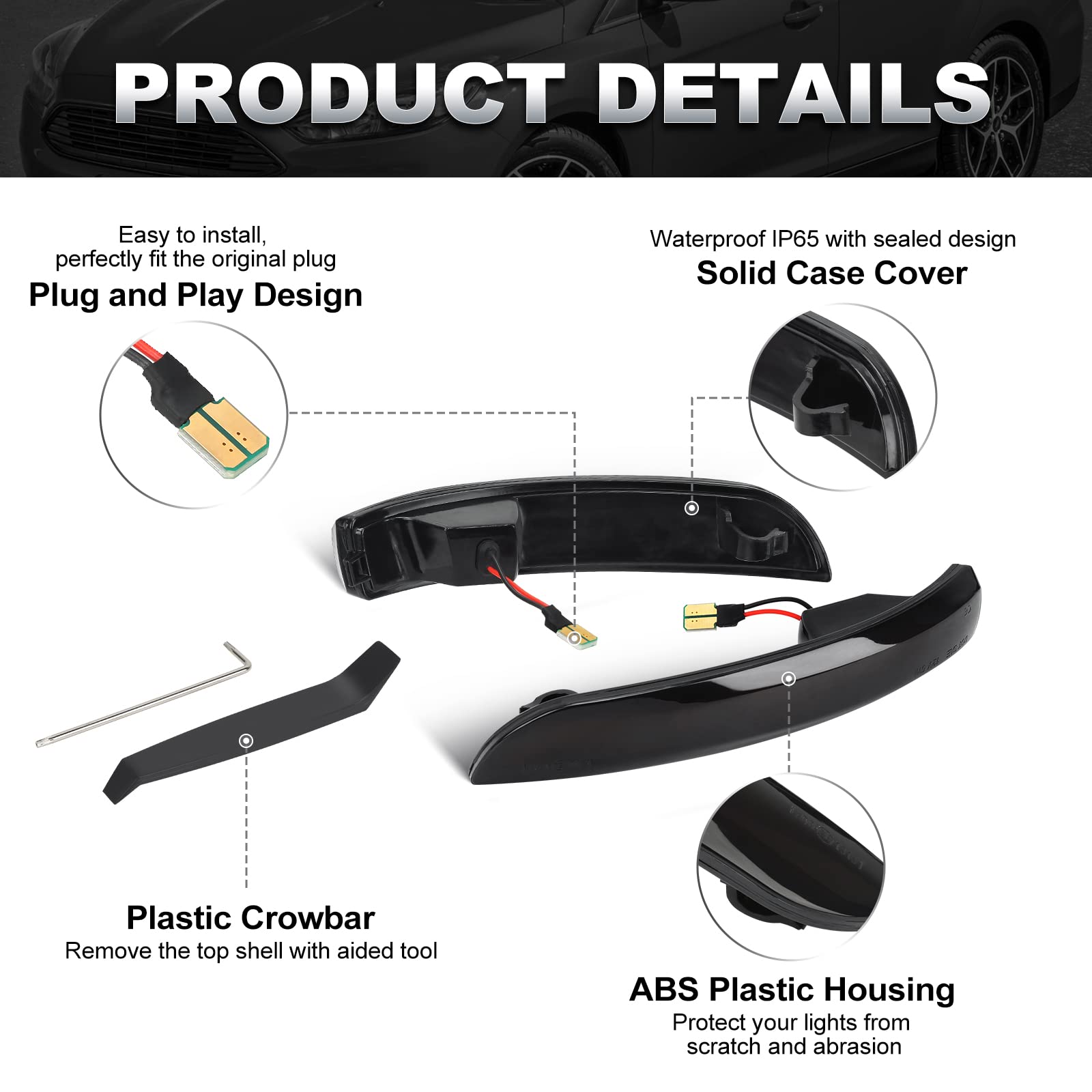 SUPAREE LED Turn Signal Light Side Mirror Marker Light Dynamic Sequential Side Mirror Turn Signal Replacement for 2012-2018 Ford Focus 3 MK3 SE ST RS, 2013-2018 Escape/Kuga Ecosport, 2013-2017 C-Max