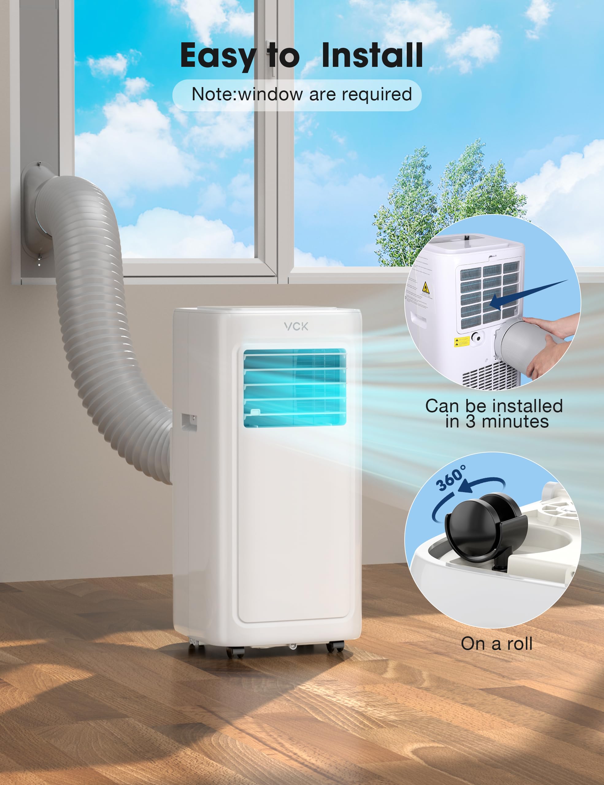 VCK Portable Air Conditioners,8000 BTU 4-in-1 AC Unit with Fan & Dehumidifier,Powerful Cools up to 350 sq.ft.with Side Handles& Casters,LED Display,48dB Quiet,Remote Control,Dehumidify,24H Timer