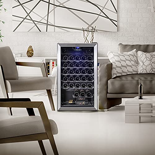 SMETA Wine Cooler Refrigerator 33 Bottles-19 Inch Wine Fridge Cellar Built In & Freestanding with Stainless Steel Glass Door - 3.6 Cu.Ft Wine and Beer Mini Fridge for Home, Office, Kitchen, Bar