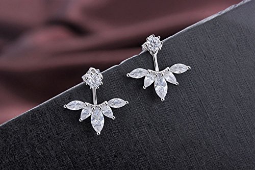 megko 925 Sterling Silver Cubic Zirconia Earrings Leaf Feather Ear Jacket Front Back Ear Cuffs Stud Earring(silver)