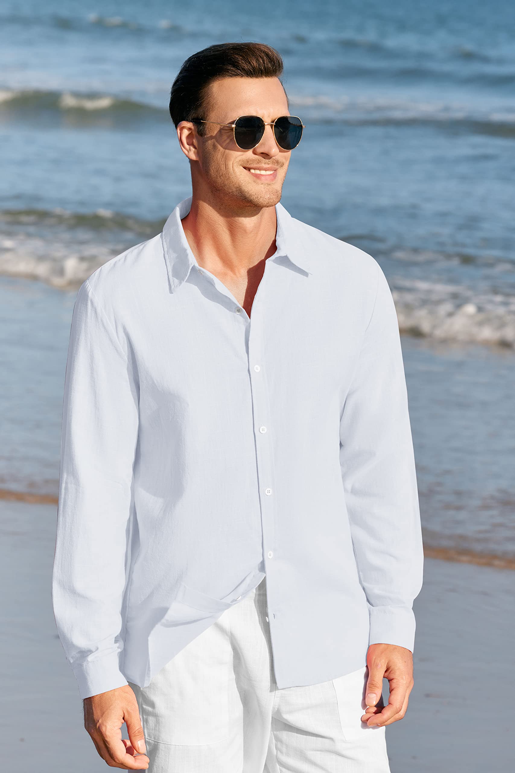 Mens Button Up Shirts Linen Beach Long Sleeve Casual Cotton Summer Lightweight Tops X-Large
