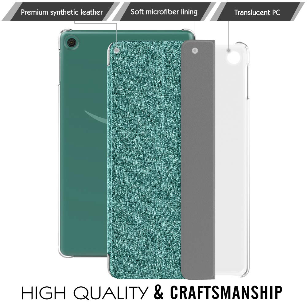 MoKo Case Fits Kindle Fire 7 Tablet (9th Generation, 2019 Release), PU Leather Trifold Stand Cover Frosted Clear Backshell with Auto Wake/Sleep - Denim Green