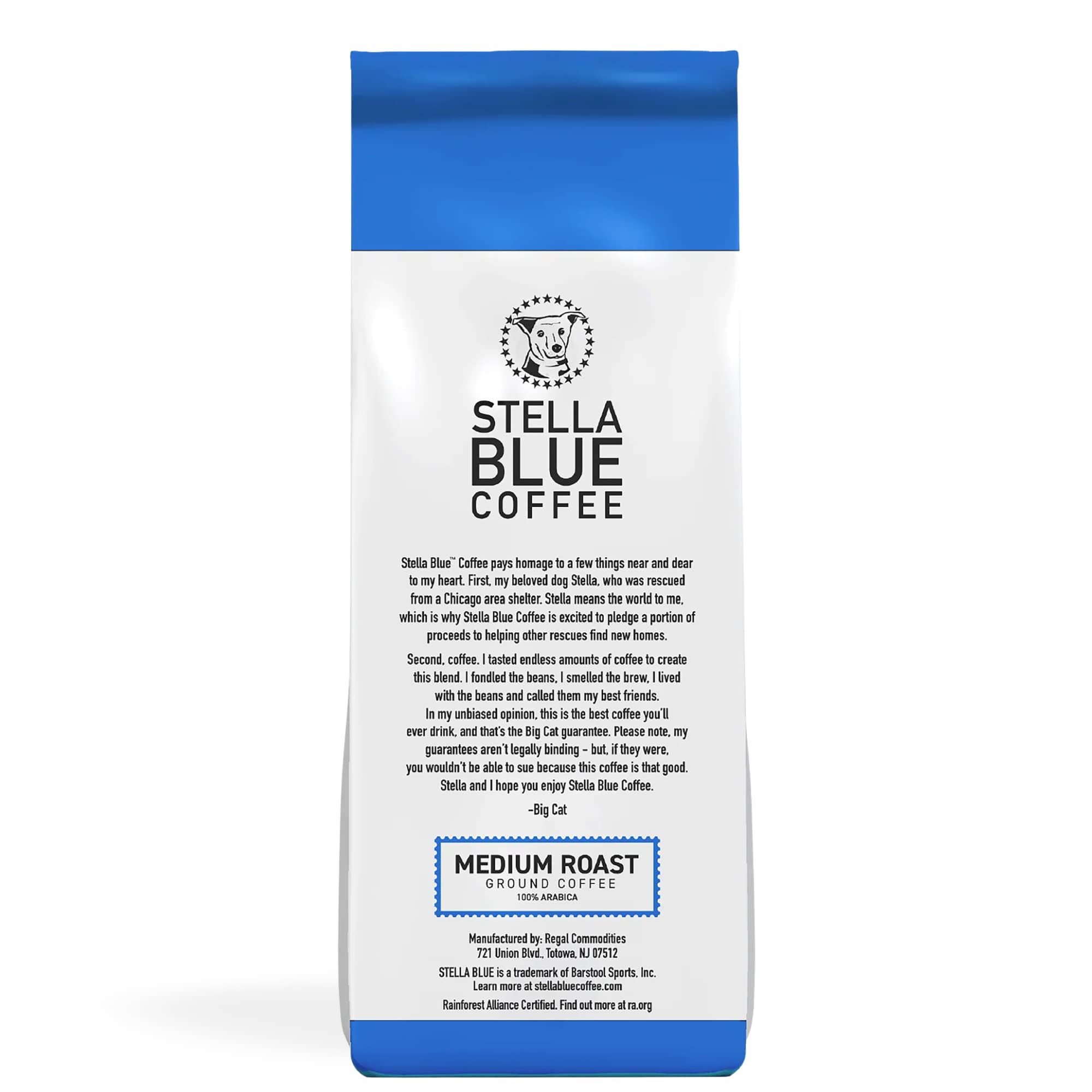 Stella Blue Fresh Ground Coffee - Big Cat Blend - 100% Arabica MEDIUM Roast - Ethically & Sustainably Sourced from Central America - Helps Support PAWS Chicago - 12 ounce Bag