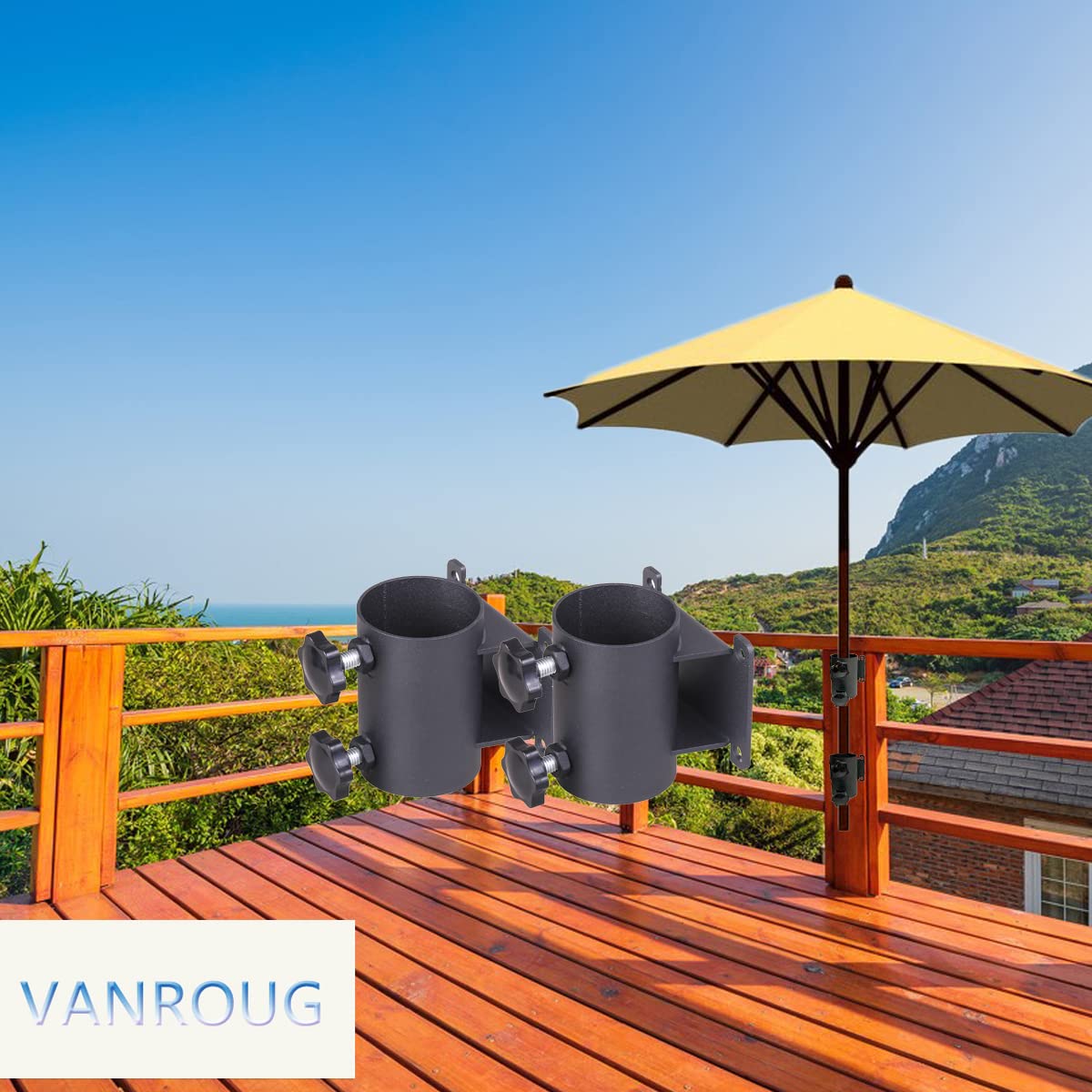 VANROUG Heavy Duty Patio Umbrella Holder,Patio Umbrella Stand Umbrella Clamp Mount Bracket for Deck Railing, Mount to Deck, Fences ,Balcony or Outdoor Courtyard etc... (2)