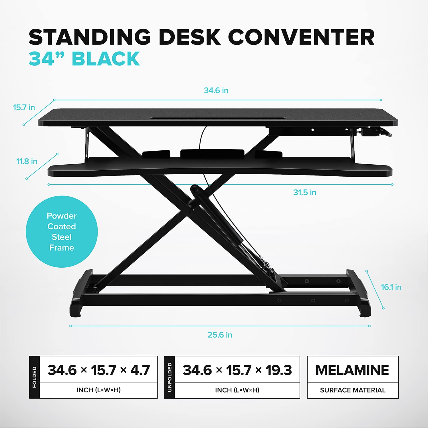 RIF6 34 Inch Convertible Standing Desk – Desk Riser with Customizable Height Settings – Sit to Stand with Spring Assisted Handle – Comes with Tablet and Phone Holder – Black