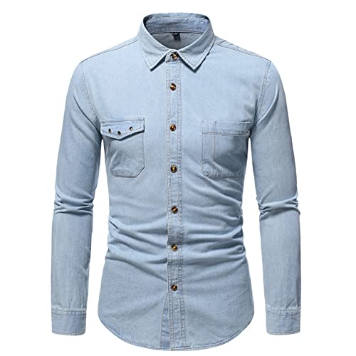Mens Denim Shirts Vintage Long Sleeve Soft Cotton Pocket Button Up Jeans Shirt Streetwear C214-Light Blue 3XL