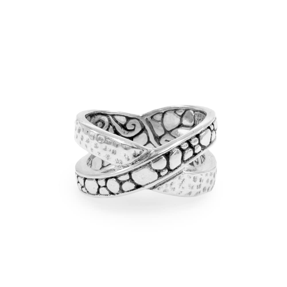 SARDA - .925 Sterling Silver Watermark & Hammered 1/4” Crossover Ring, Size 9 - Handmade by Bali Artisans