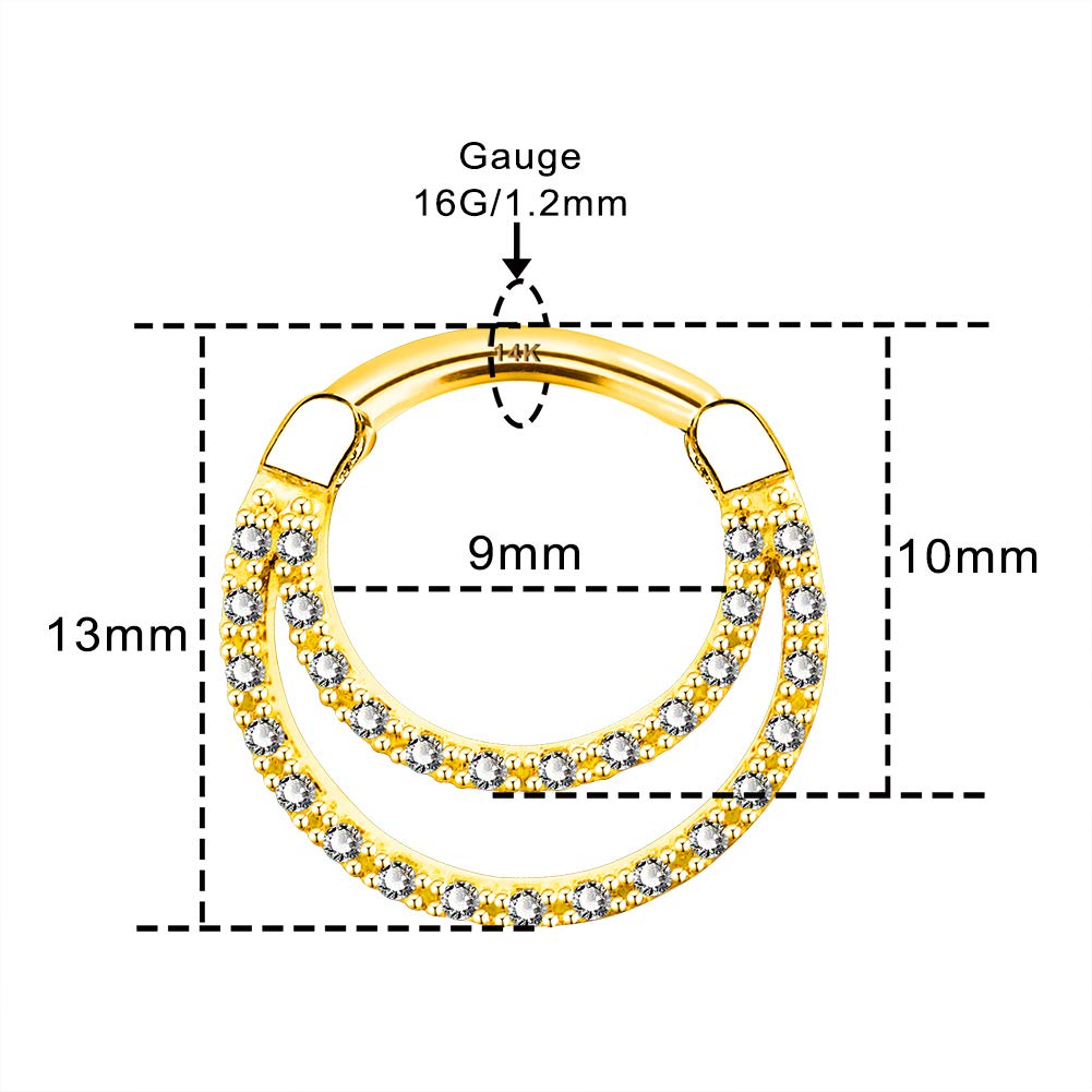 OUFER 14K Solid Gold Daith Septum Rings Double Layer Clear CZ Paved Daith Helix Earrings Septum Piercing Jewelry