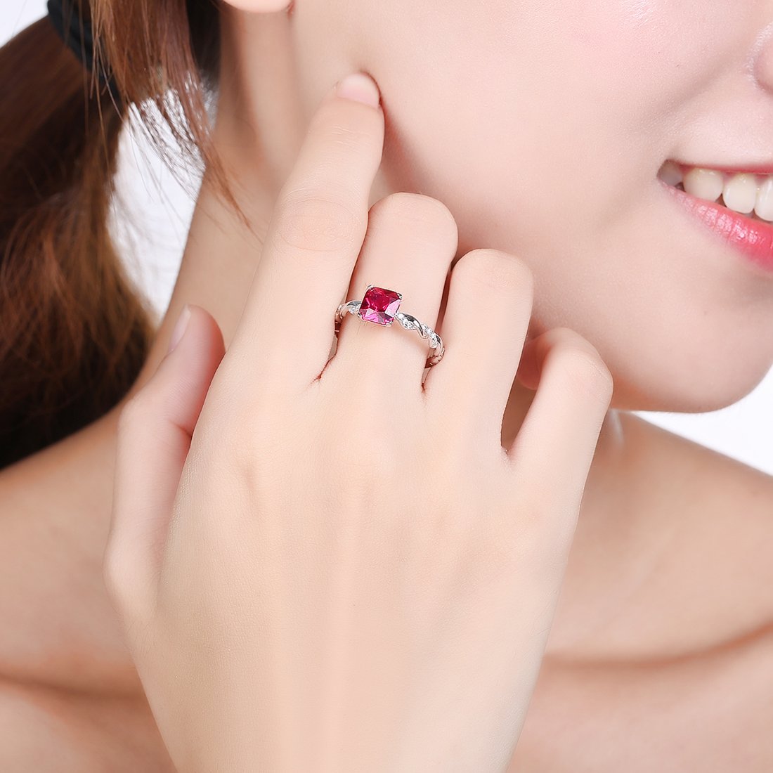 Merthus 7x7mm Square Shape Simulated Ruby 925 Sterling Silver Twist Rope Band Ring for Women Size 9