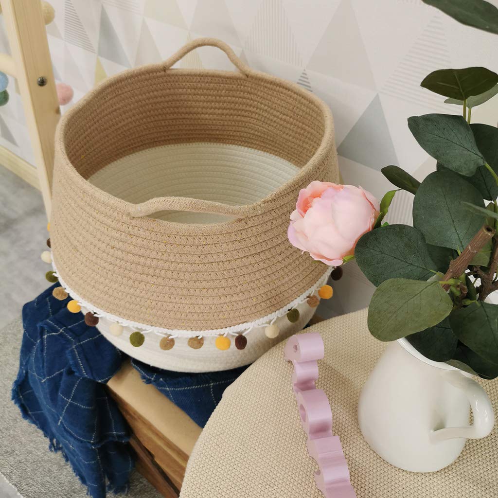 OldPAPA Cotton Rope Storage Basket, Nursery Storage Baskets with Pom Pom Cute Round Basket with Handles Decorative Gift for Nursery Hamper, Baby Toys, Towels