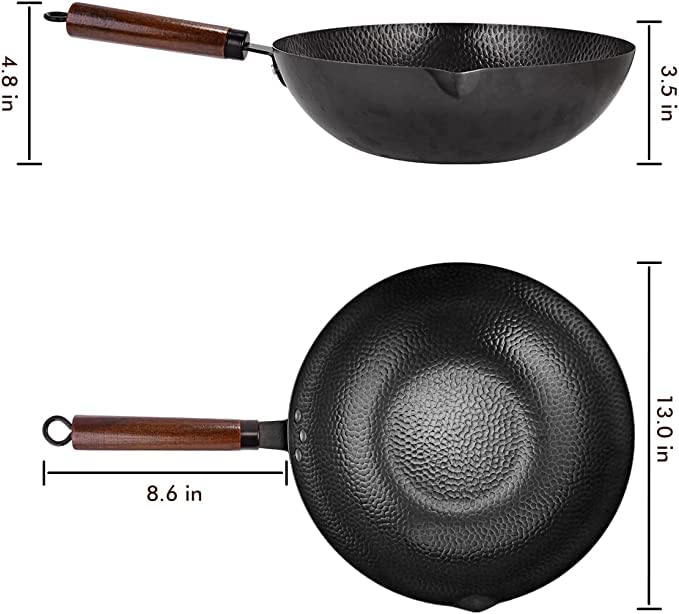 Peepoleck Carbon Steel Wok with Wooden Handle and Lid,using for Electric, Induction, Gas Stoves,6 Cookware Accessories,12.5 inch,Black