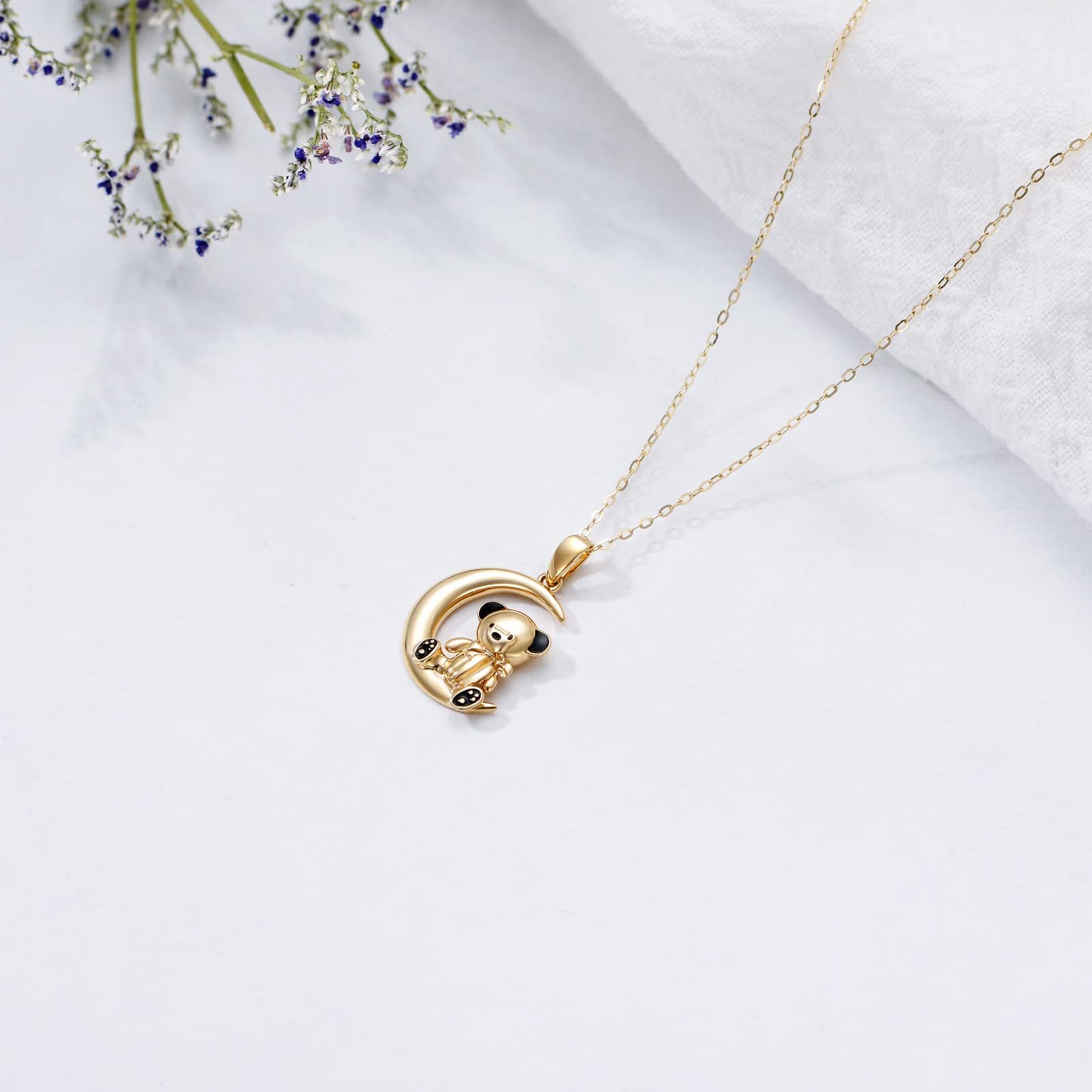 MRENITE Solid 14k Gold Moon Bear Necklace for Women Real Gold Cute Bear Pendant Jewelry Gift Birthday Gift for Her
