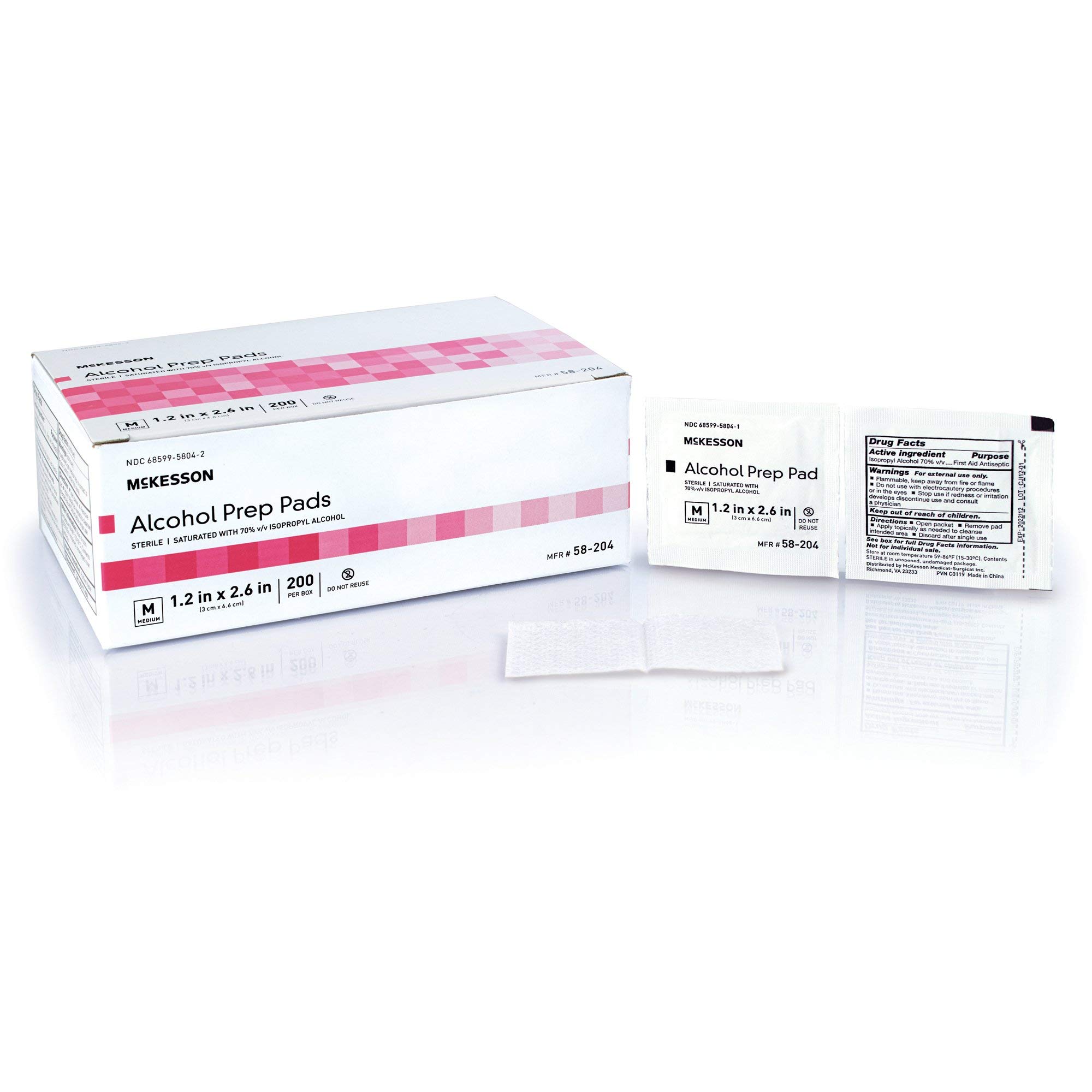 McKesson Alcohol Prep Pads, Sterile, Individual Packet, Medium, 200 Count, 20 Packs, 4000 Total