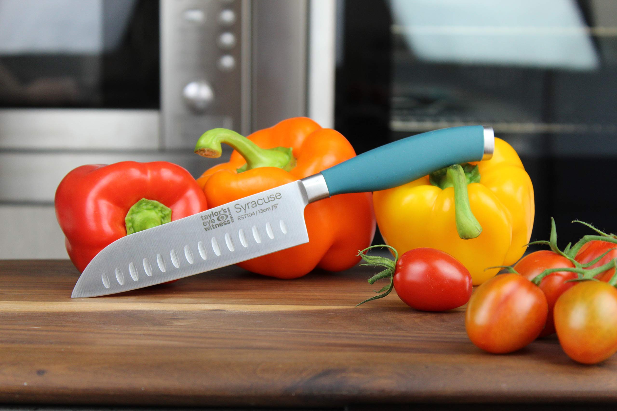 Taylors Eye Witness Syracuse Asian Kitchen Knife Set - Chefs Santoku 13cm/5β & Cooks All Purpose 13cm/5β Cutting Edge, Multi Use. Ultra Fine, Razor Sharp Blade. Soft Grip Air Force Blue handle.