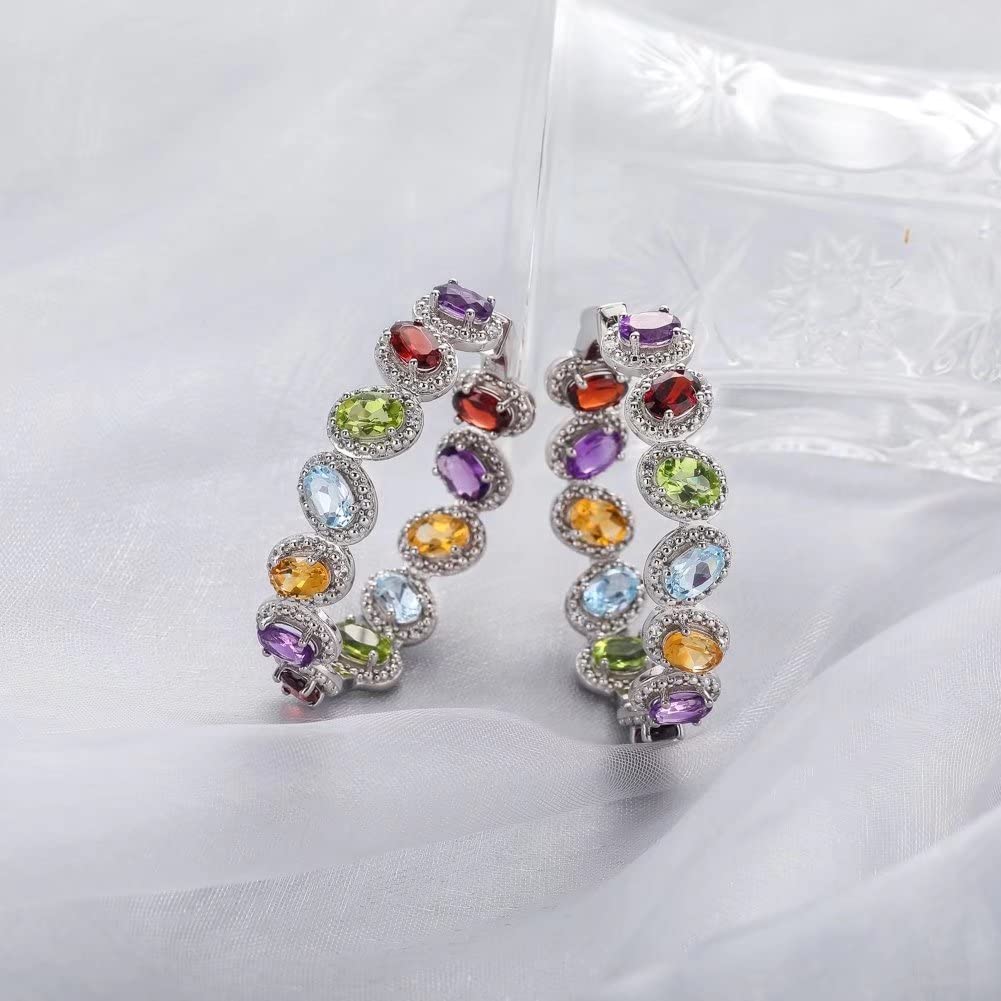 Natural Garnet Peridot Sky Blue Topaz Citrine Amethyst 925 Sterling Silver Gem Jewelry Gift Hoop Earrings for Women