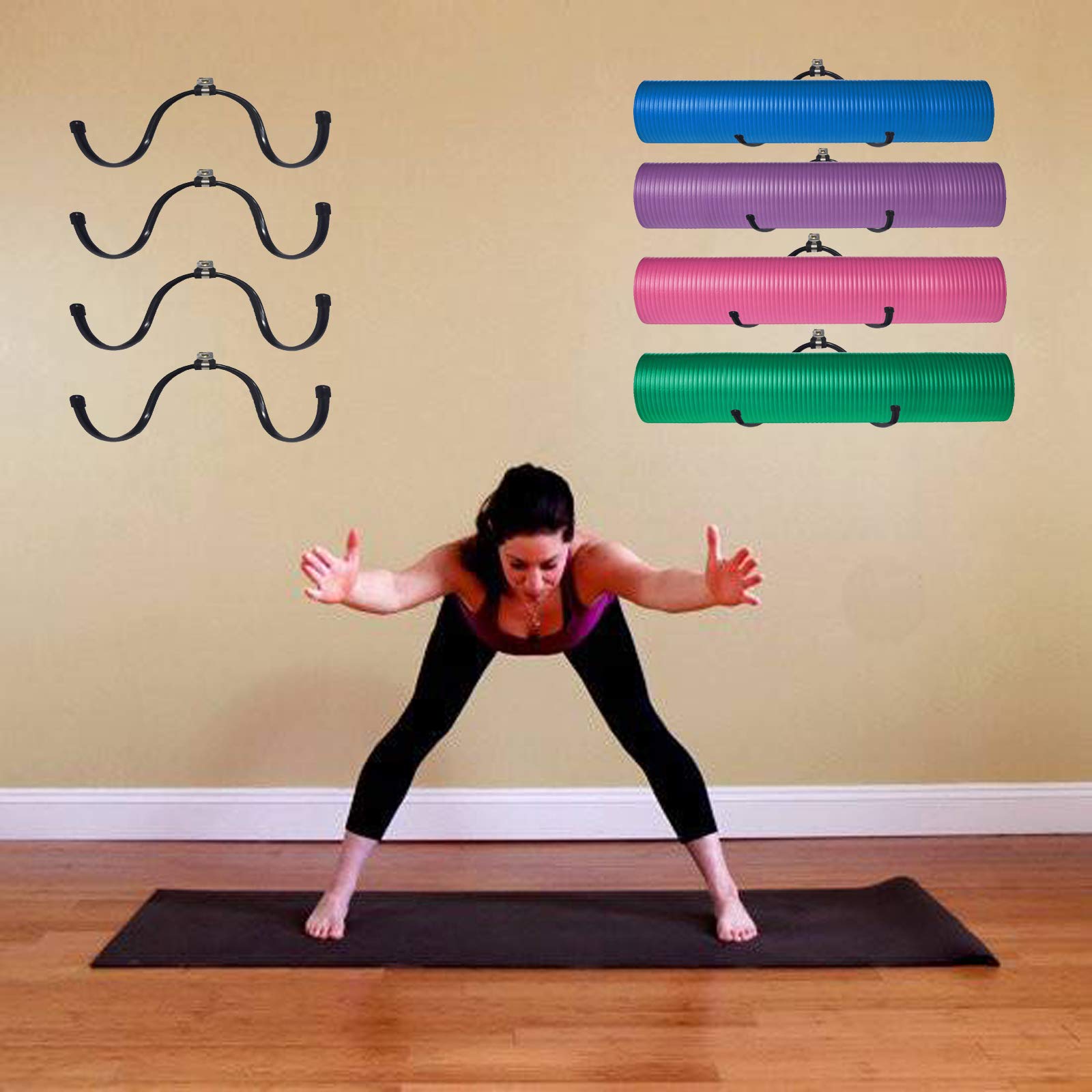 Metal Adjustable Wall Rack, Multi-Purpose Shelf for Foam Roller Racks Yoga Mat Storage Exercise Mat Organizer Bath Towels Holder for Your Fitness Class or Home Gym Bathroom, Up to 20Lbs - (4 Pack)