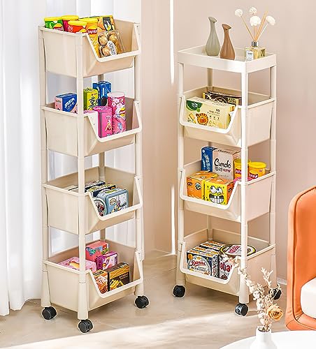Miyxsin 4-Tier Detachable Plastic Storage Rack,Movable storage cart with Wheels,Multi-Functional Rolling Utility Car Storage Rack,Simple display bookshelf suitable for living room(without Cover)