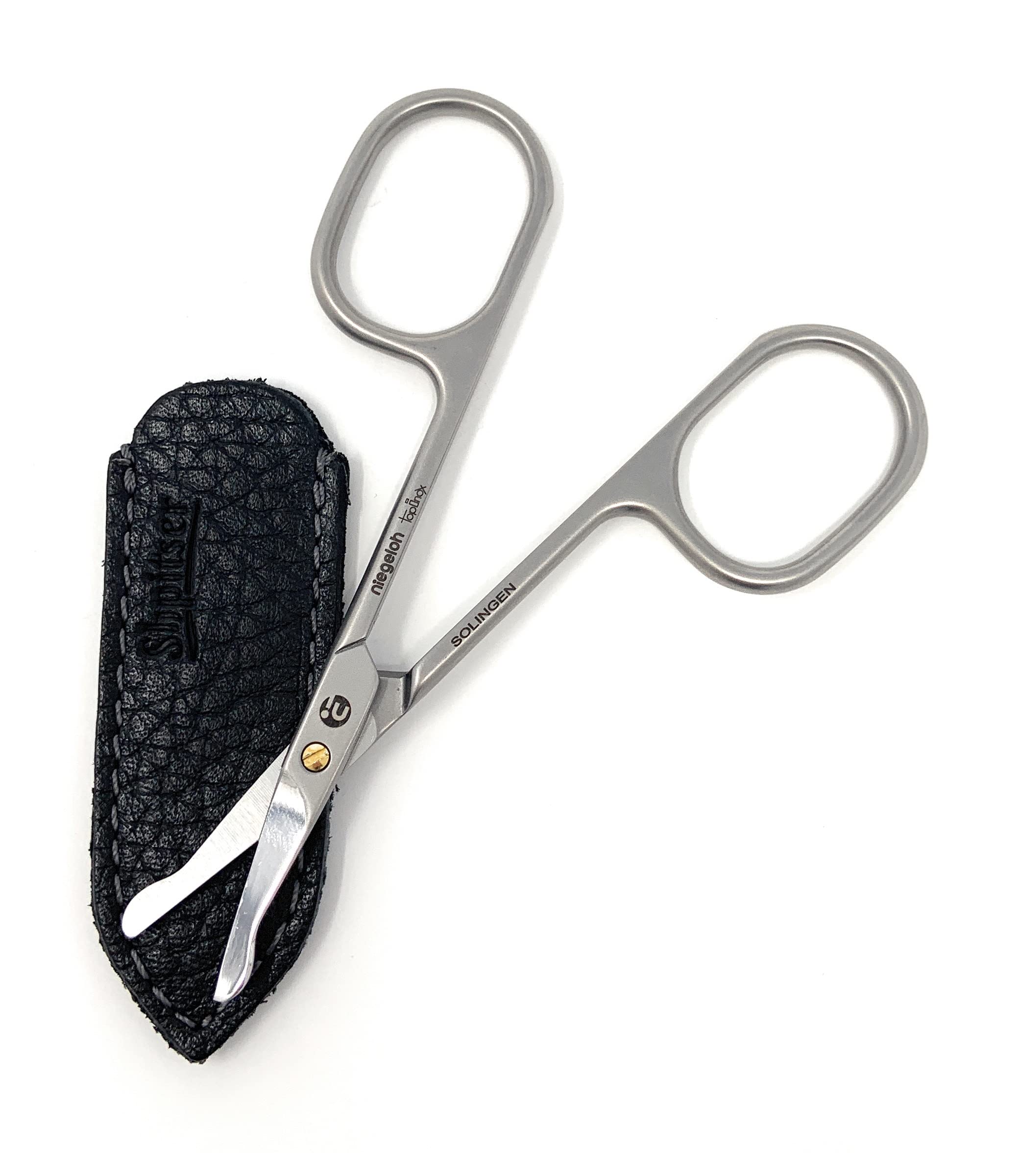 Niegeloh Professional TopInox Stainless Steel Nose & Ear Scissors with SHPITSER Genuine Leather Case. Made in Solingen, Germany