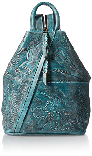 Santiago Sebastian Leathers Ladies leather convertible backpack purse, handbag/backpack, Handmade, Handtooled, Floral pattern, zippers, 3 compartments (Turquoise)