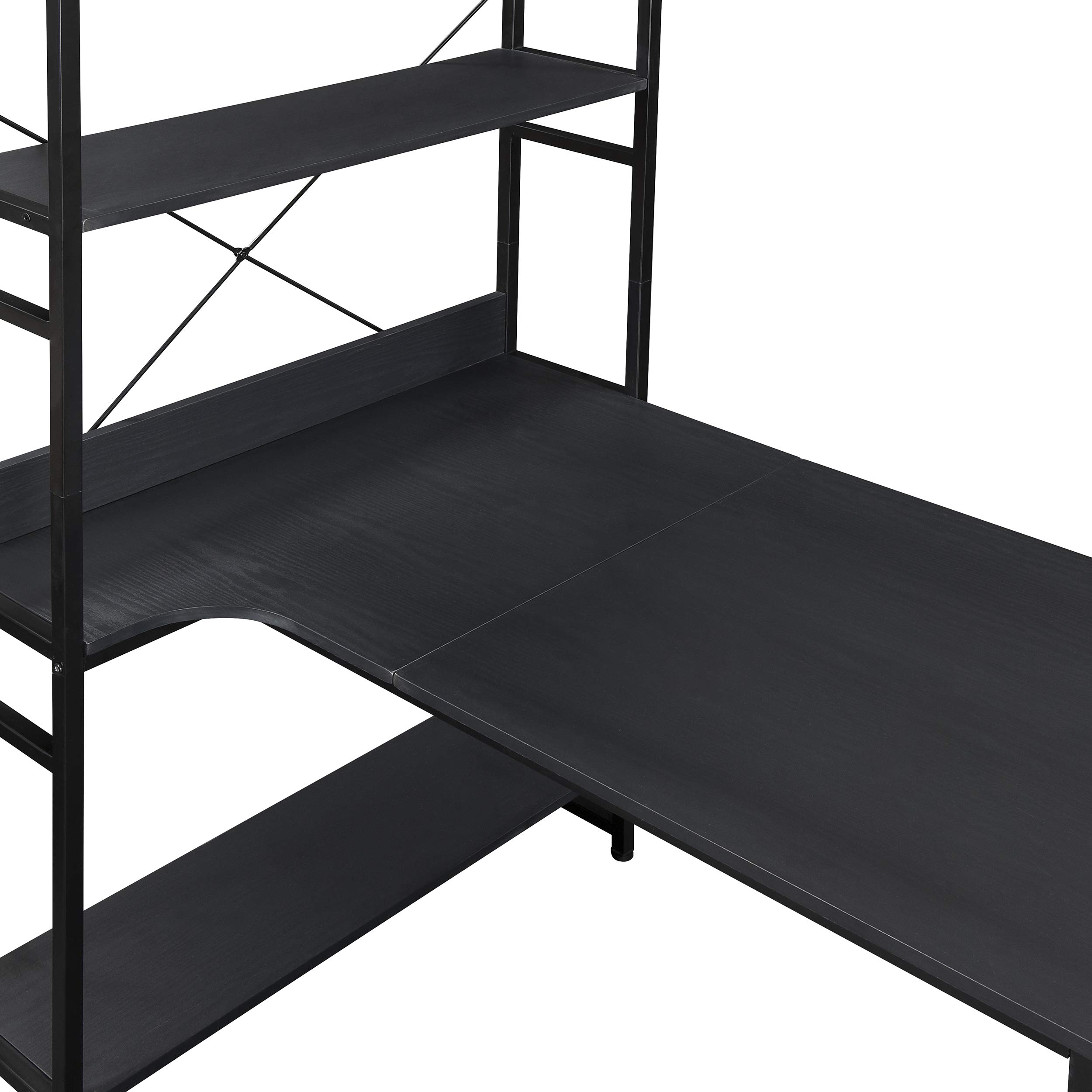 Modern Luxe Black(w/Shelf) L-Shaped Corner with Bookshelf 2-Pieces Computer PC Table Set Home Office Desk with Shelves