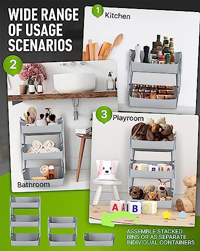 Skywin 3-Tier Plastic Stackable Storage Bins 11.4" x 11" x 19.7" with Brackets for Extra Protection - For Pantry Storage, Kitchen Storage, and Bathroom Storage (Grey)