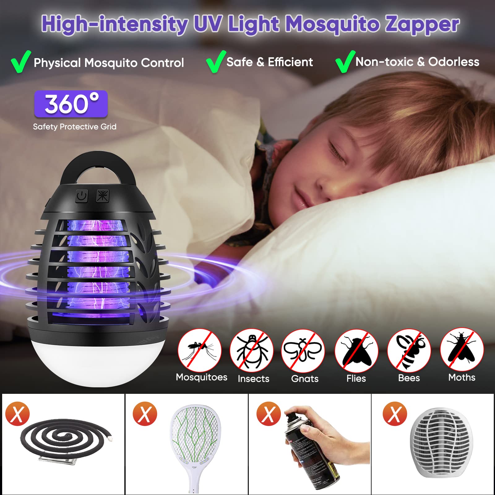 PRODCA Bug Zapper for Indoor & Outdoor, Rechargeable Mosquito Trap, Electric Mosquito Zapper, Fly Zapper for Home, Patio, Backyard, Camping (Black)