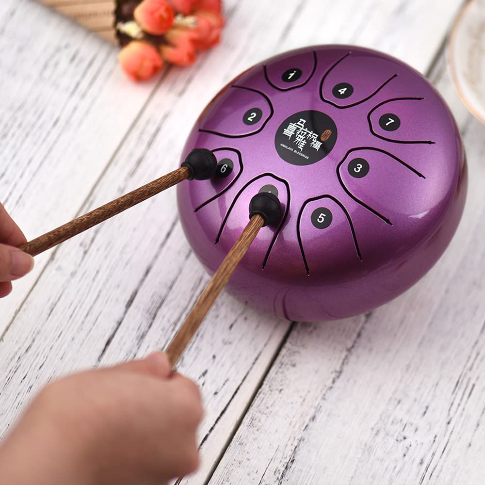 Sasuori 5.5 Inch Mini 8-Tone Steel Tongue Drum C Key Percussion Instrument Handpan Drum with Drum Mallets Carry Bag Purple