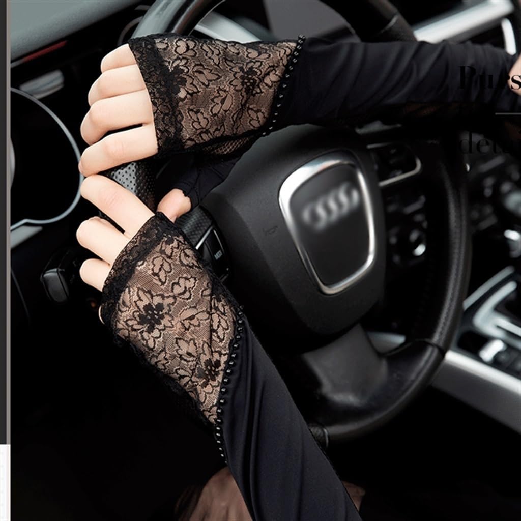 Summer Driving Gloves Women's Ice Silk Sleeves Arm Guards Lace Long Sleeves Thin (Color : B, Size : Length 57cm)