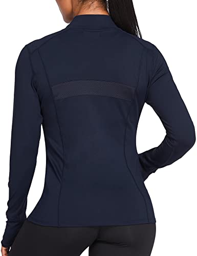 PINSPARK Workout Long Sleeve Sports Jacket For Women Full Zip Workout Running Track Jacket Breathable Navy Blue L
