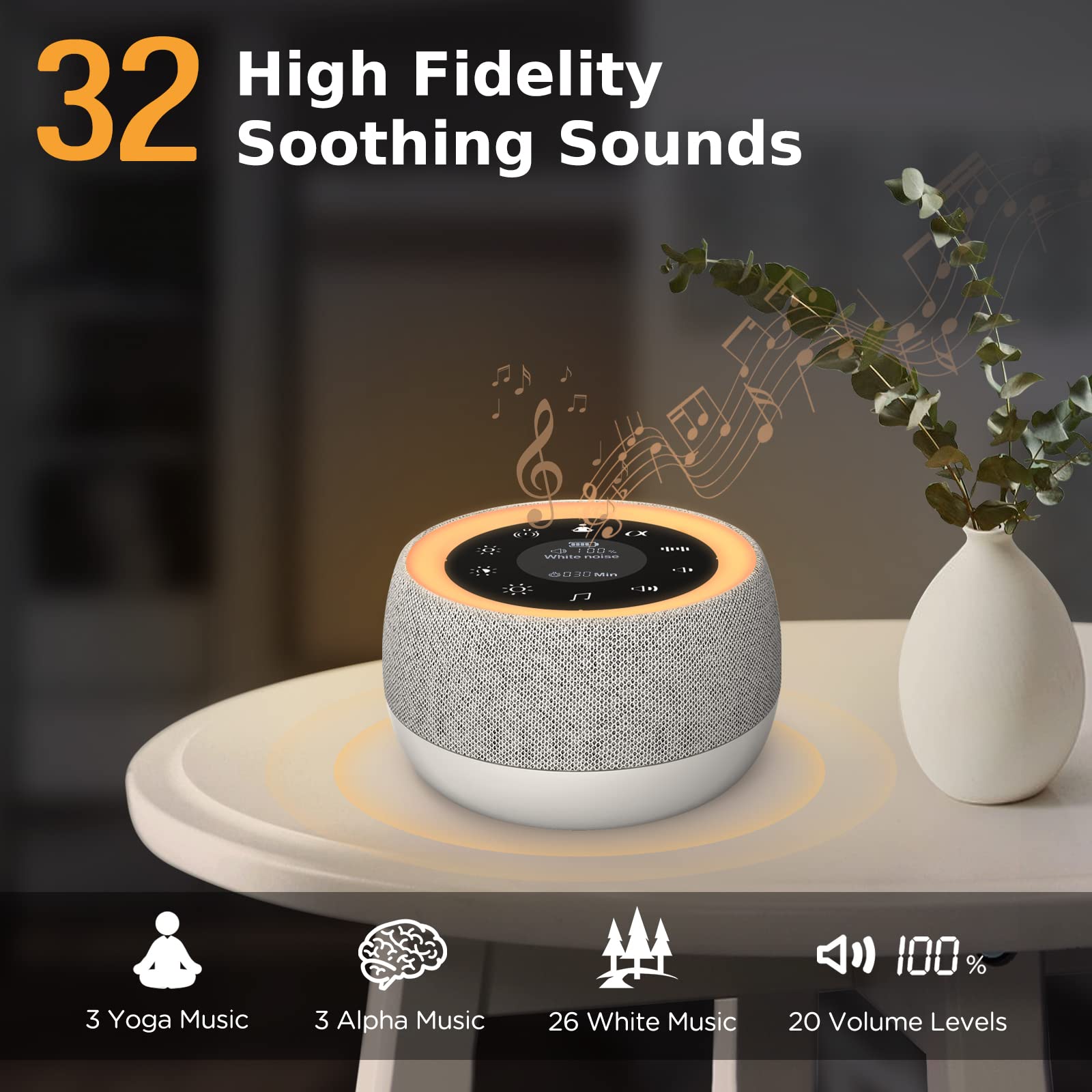White Noise Machine HOMHOW Portable Sound Machine for Sleeping Adults Baby Kids Sleep Sound Machine Whit 32 Soothing Sounds, USB Rechargeable Timer Night Light