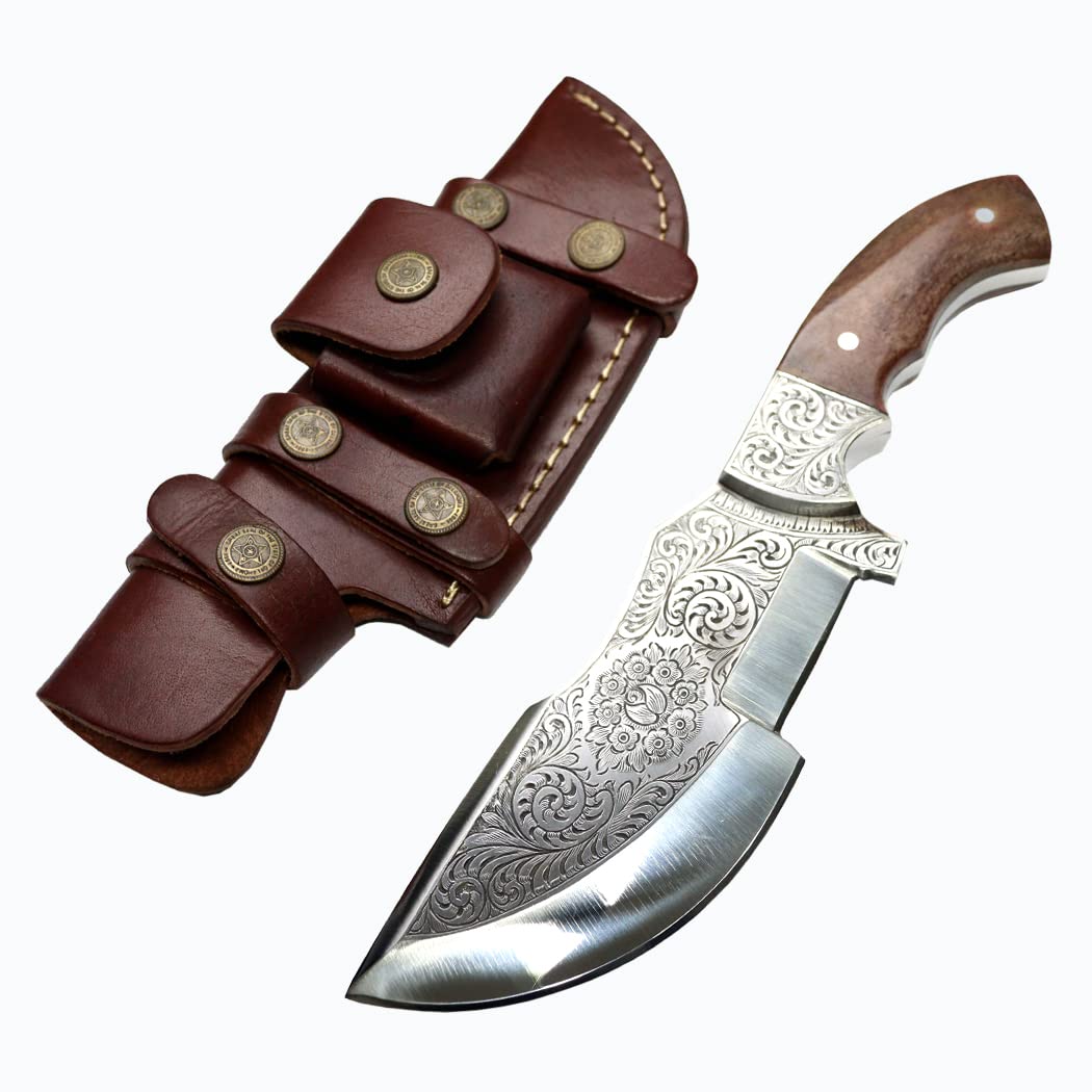 THE BONE EDGE 11" Custom Hand Made Engraved Blade Horn Handle Tracker Hunting knife With Sheath