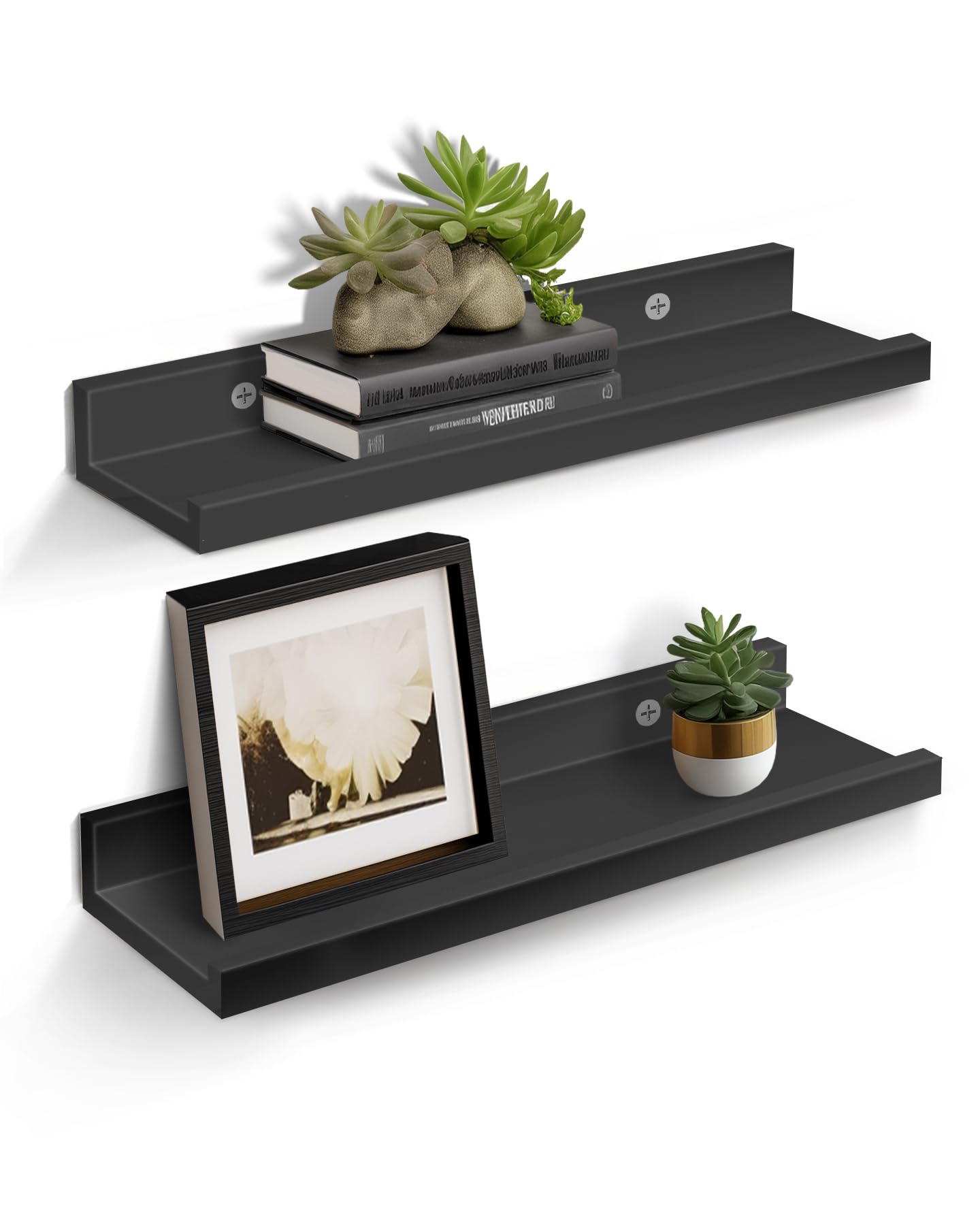 MIRROTOWEL Small 16” Floating Shelves for Wall Décor Storage, Set of 2, Wood for Bedroom, Living Room, Bathroom, Kitchen, Picture Ledge and Farmhouse（Black）