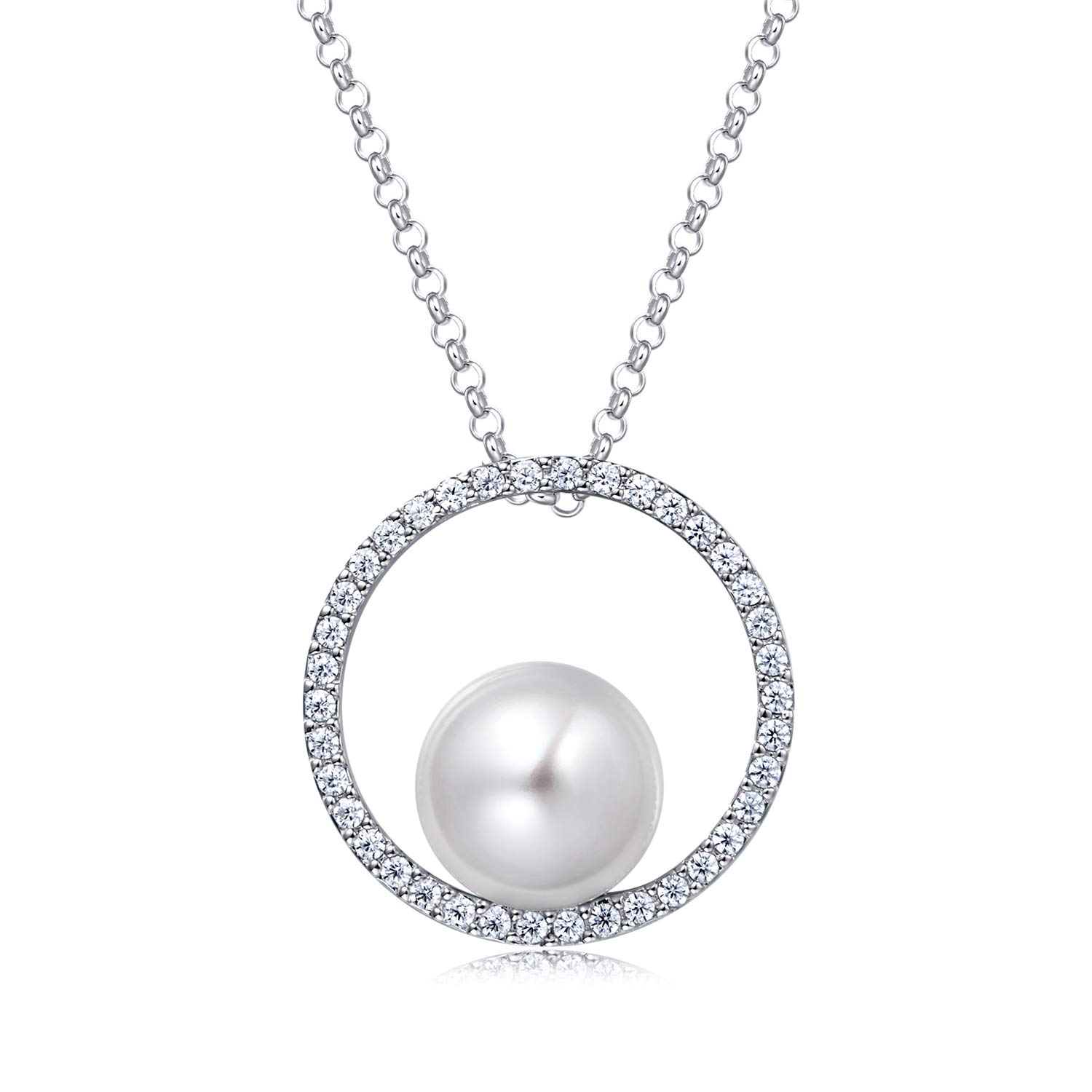 Molah 925 Silver 9-9.5mm Genuine Cultured Freshwater Pearl and Simulated Diamond CZ Circle Pendant Necklace