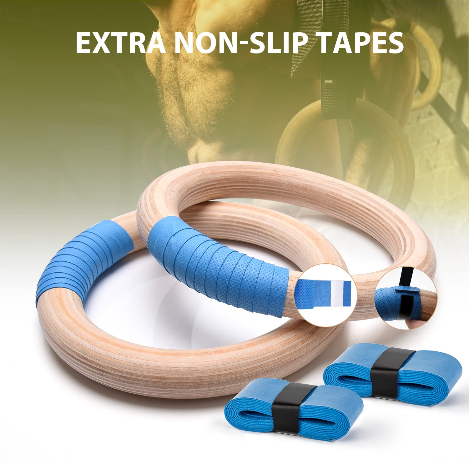 PACEARTH Wood Gymnastics Rings 992lbs for Home Gym Body Workout Non-Slip (Rings Only)