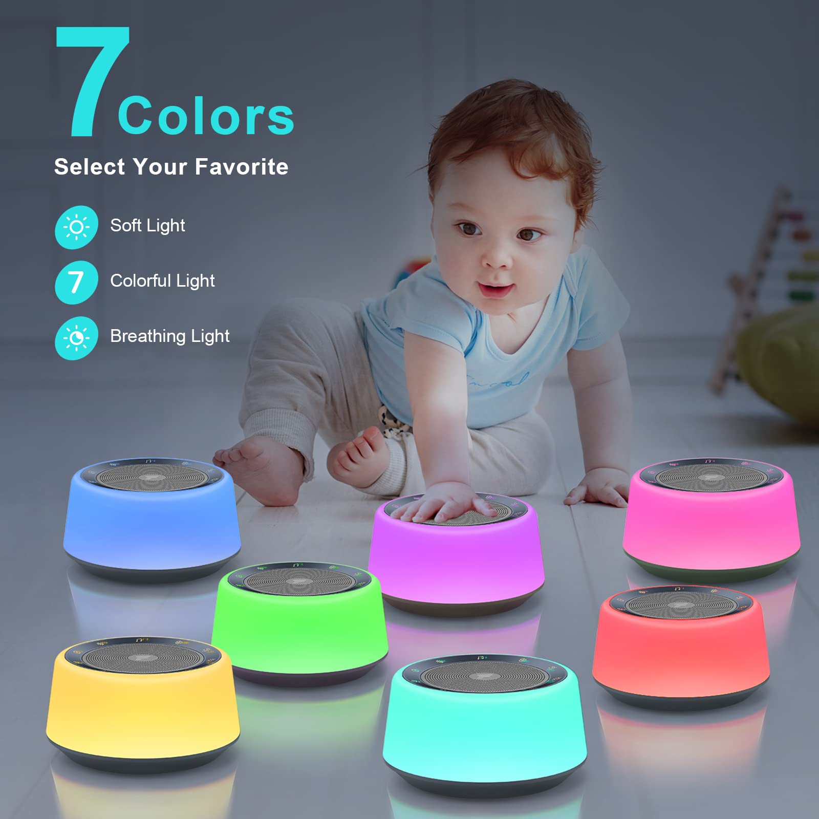 White Noise Machine, Sleep Sound Machine with 30 Soothing Sounds, 7 Color Baby Night Lights, Full Touch Control, Timer and Memory Features, Plug in, Sound Machine for Baby, Adults