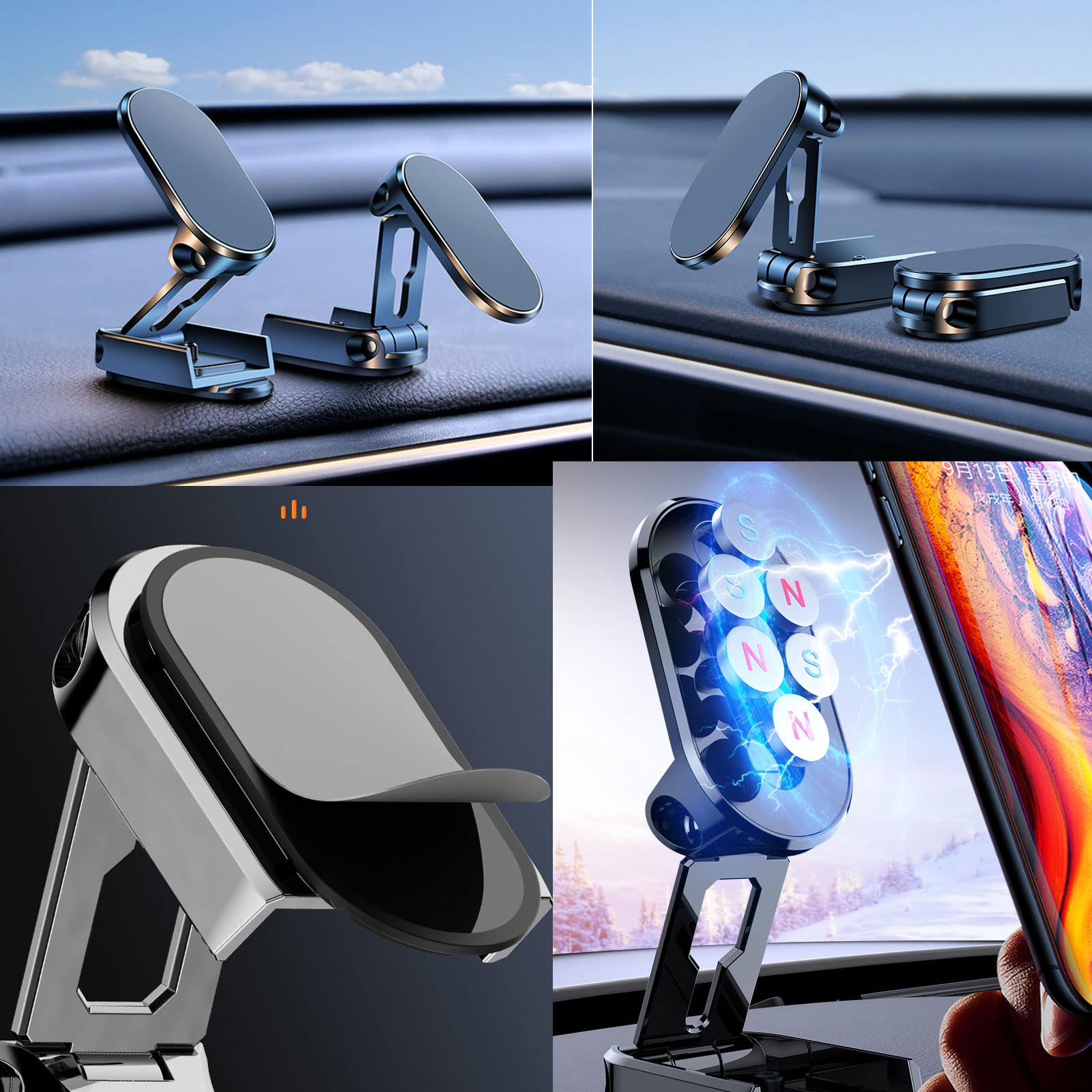 Ylahdent 2023 New Alloy Folding Magnetic Car Phone Holder, 360° Adjustable - 6 Strong Magnet Magnetic Car Phone Mount Dashboard Folding Bracket Universal (Silver)