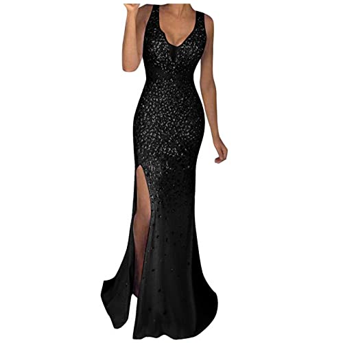 Side Split Mermaid Maxi Dress for Women Solid Color Tank Dress V-Neck High Waist Sequin Evening Dress