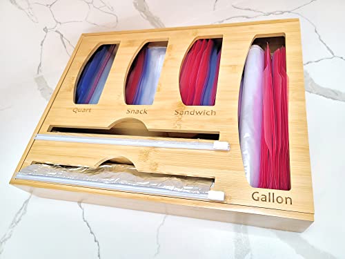 Redesigned and OVERSIZED ZipLock Bag storage organizer with plastic wrap and aluminum foil dispenser with cutter. 4 slots - Quart, Sandwich, Freezer and Gallon size.