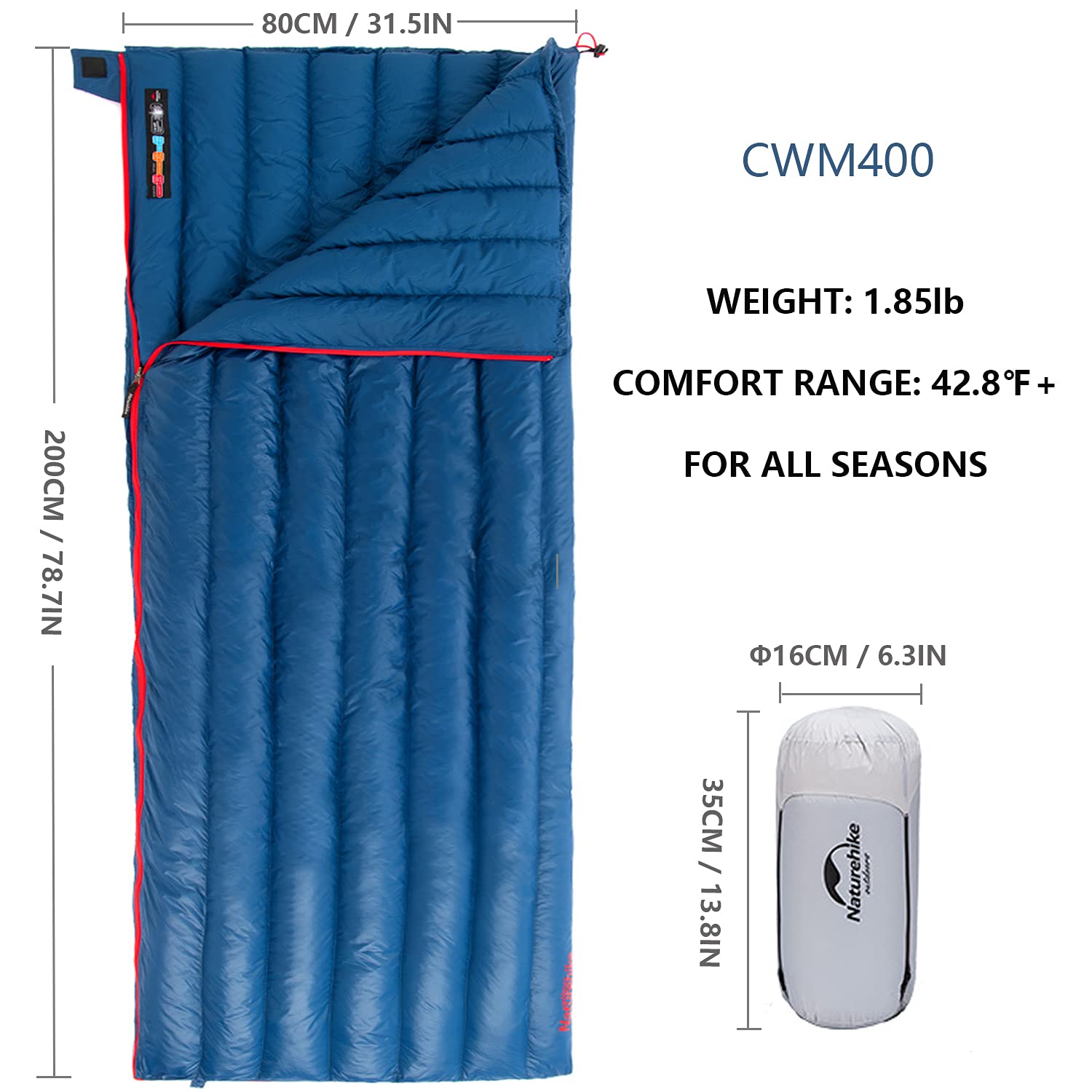 Naturehike Down Sleeping Bag 800 Fill Power Lightweight Compact for Backpacking Camping Hiking Traveling with Compression Sack (Dark Blue(42.8℉), Large(78.7" L x31.5 W))