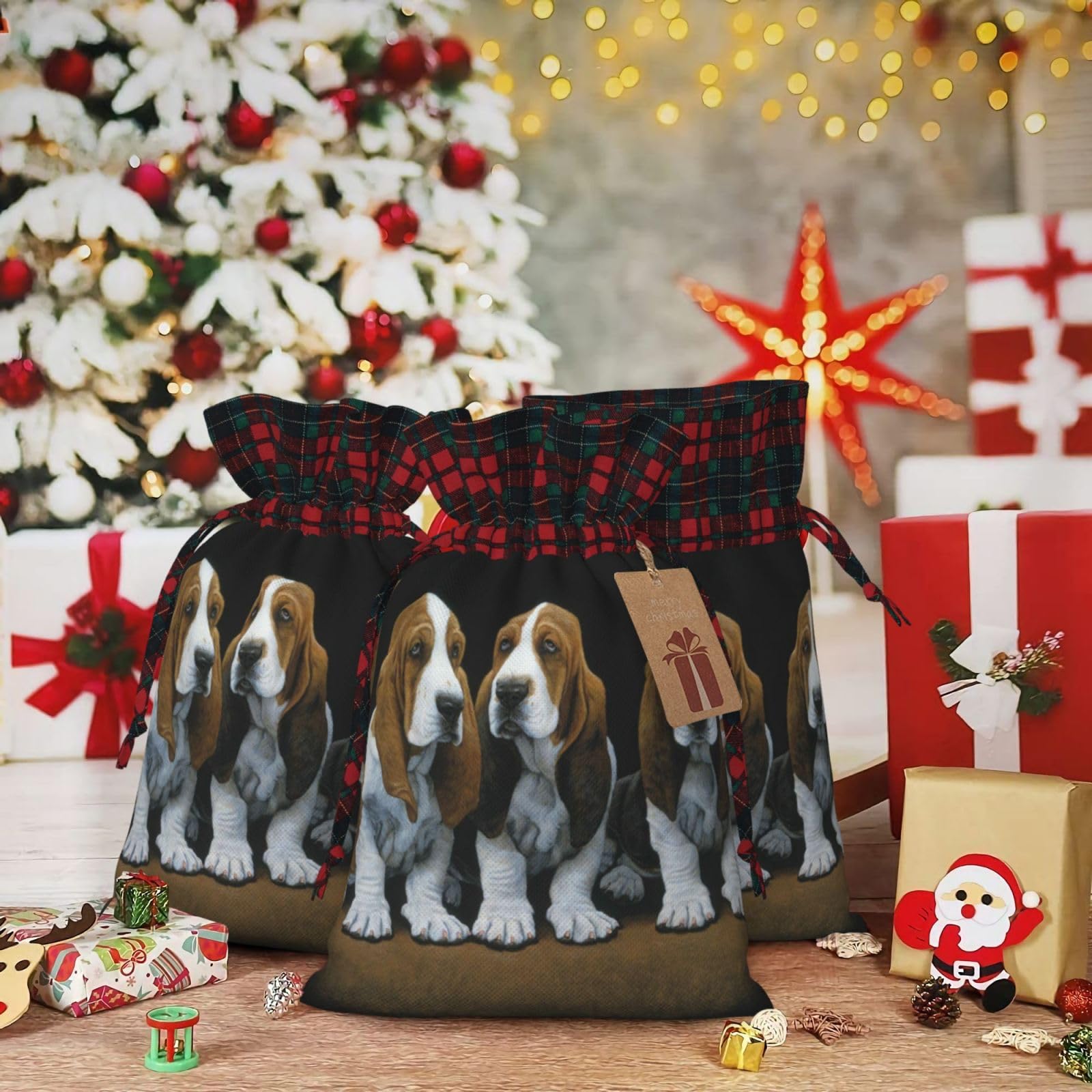MARXAN Cute Dogs Printing Christmas With Drawstring Fabric Gift Bag Linen Bundle Gift Bag Storage Bag Gift Bags With Drawstrings Suitable For Christmas Party Gift Packaging